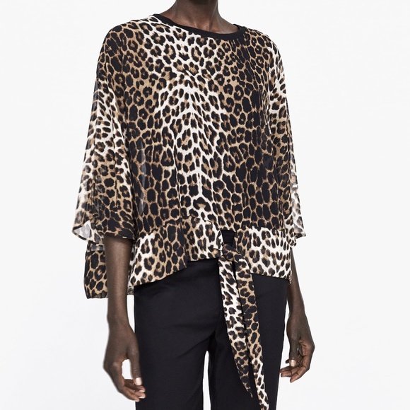 Zara | Tops | Zara Animal Print Blouse Leopard Tie Front Sz Xs | Poshmark